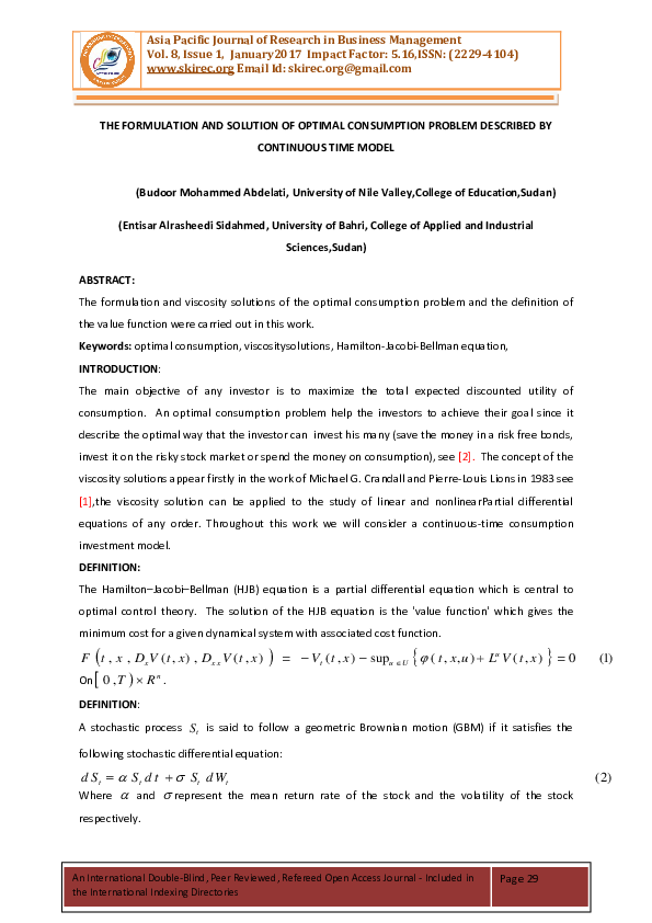 (PDF) THE FORMULATION AND SOLUTION OF OPTIMAL CONSUMPTION PROBLEM ...