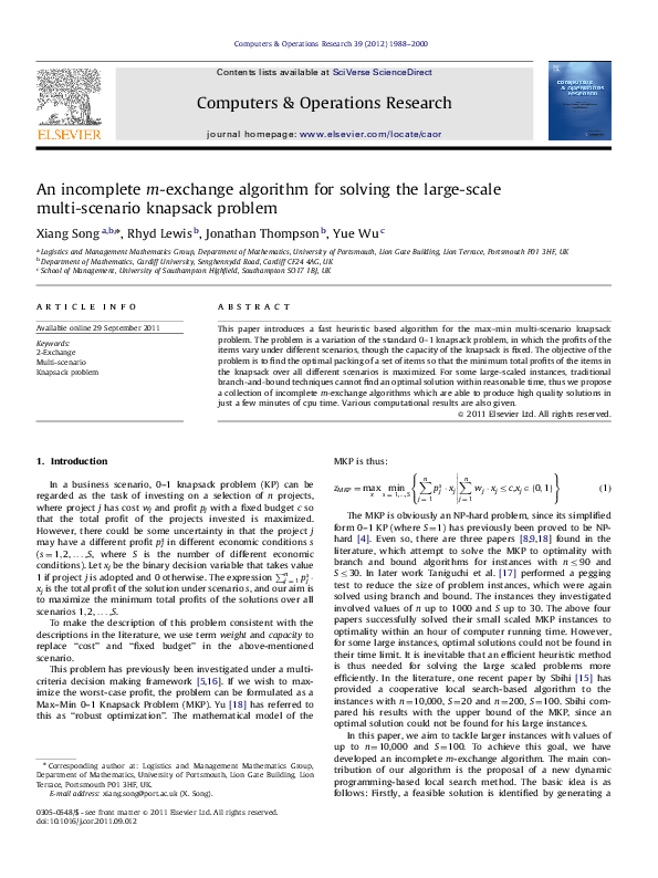(PDF) An incomplete m-exchange algorithm for solving the large-scale multi-scenario knapsack problem