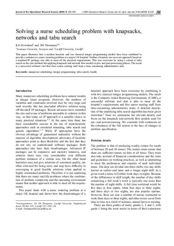 (PDF) Solving a Nurse Scheduling Problem with Knapsacks, Networks and Tabu Search
