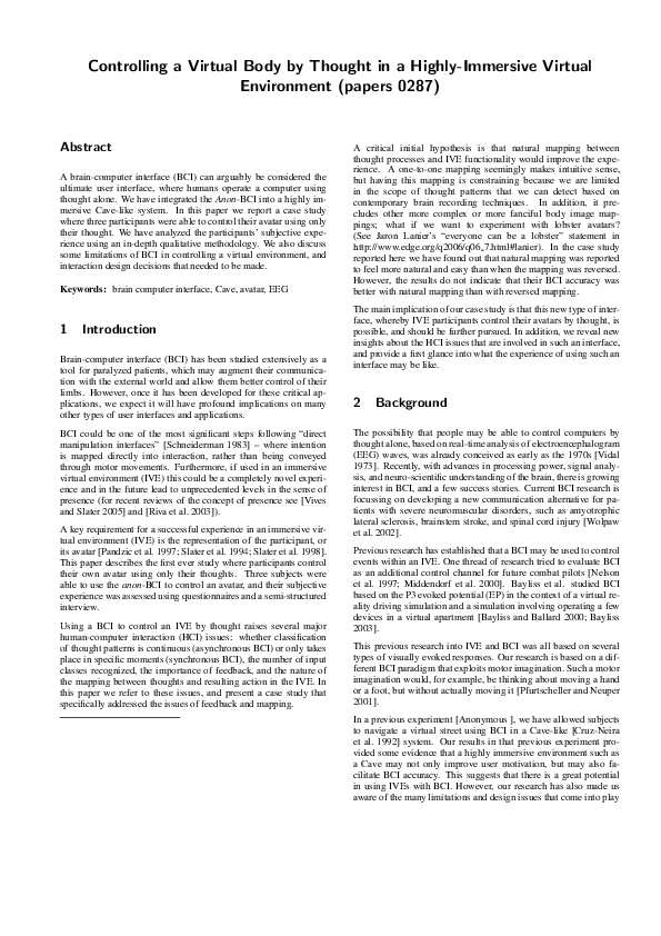 (PDF) Thought-Controlled Avatars in VR Systems