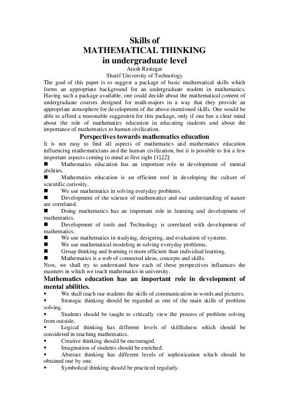 (PDF) Skills of MATHEMATICAL THINKING in undergraduate level | Arash ...