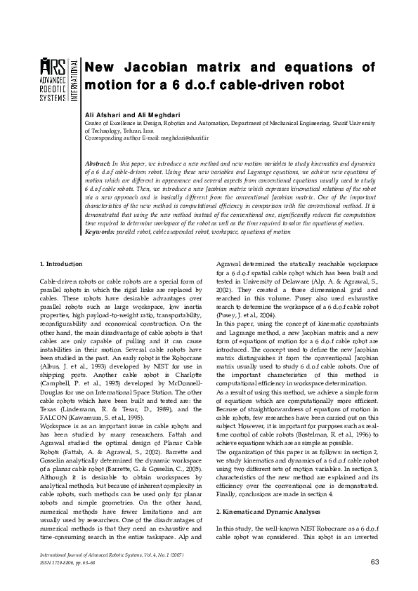(PDF) New Jacobian matrix and equations of motion for a 6 d.o.f cable ...