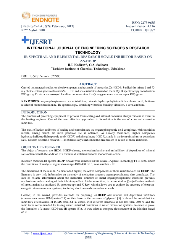 (PDF) IR SPECTRAL AND ELEMENTAL RESEARCH SCALE INHIBITOR BASED ON ZN-HEDP