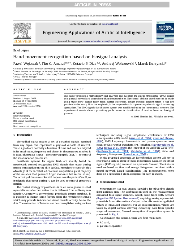 (PDF) Hand movement recognition based on biosignal analysis