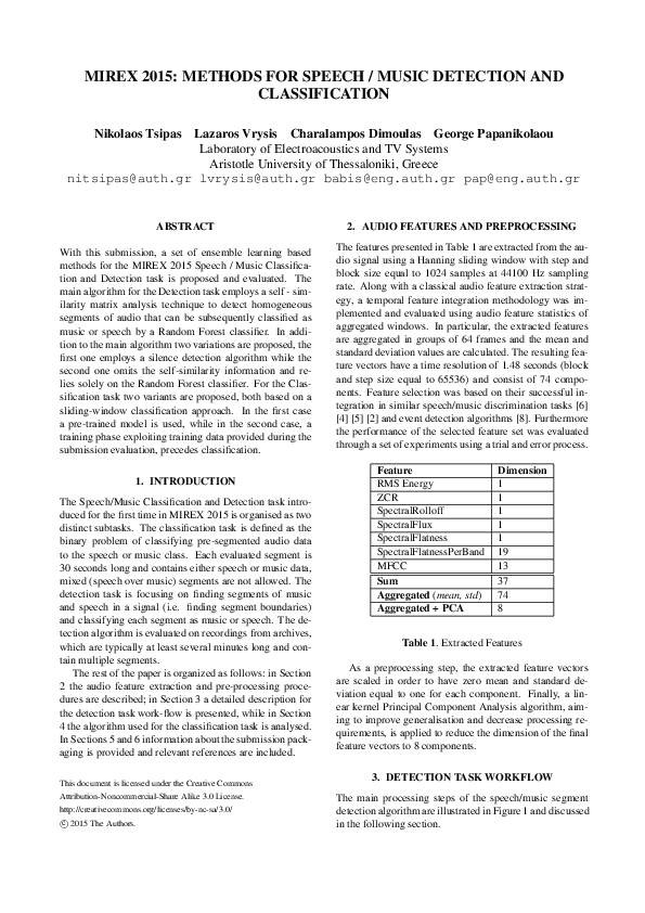 Pdf Mirex 2015 Methods For Speech Music Detection And Classification Lazaros Vrysis