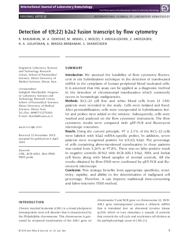 (PDF) Detection of t(9;22) b2a2 fusion transcript by flow cytometry