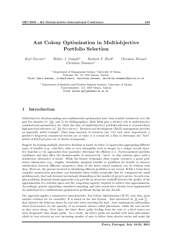 Pdf Ant Colony Optimization In Multiobjective Portfolio Selection