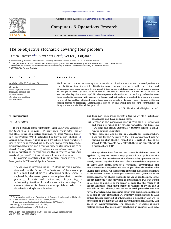 Pdf The Bi Objective Stochastic Covering Tour Problem