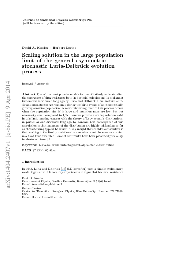 Pdf Scaling Solution In The Large Population Limit Of The General
