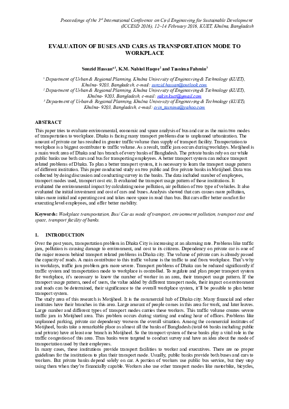 (DOC) Evaluation of Buses and Cars as Transportation Mode to Workplace