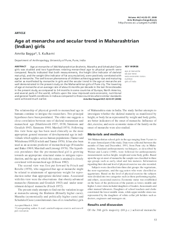 (PDF) Menarcheal Age of Nigerian Urban Secondary School Girls in Benin City