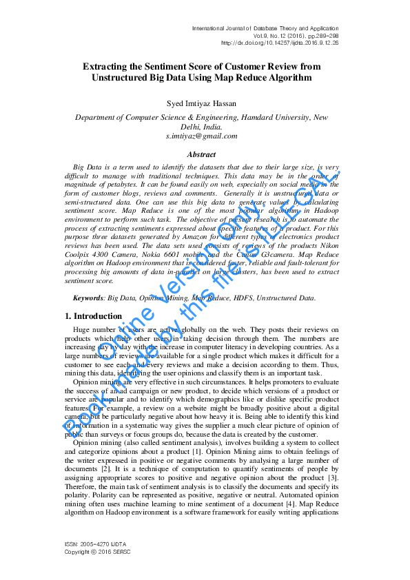 (PDF) Extracting the sentiment score of customer review from unstructured big data using Map ...