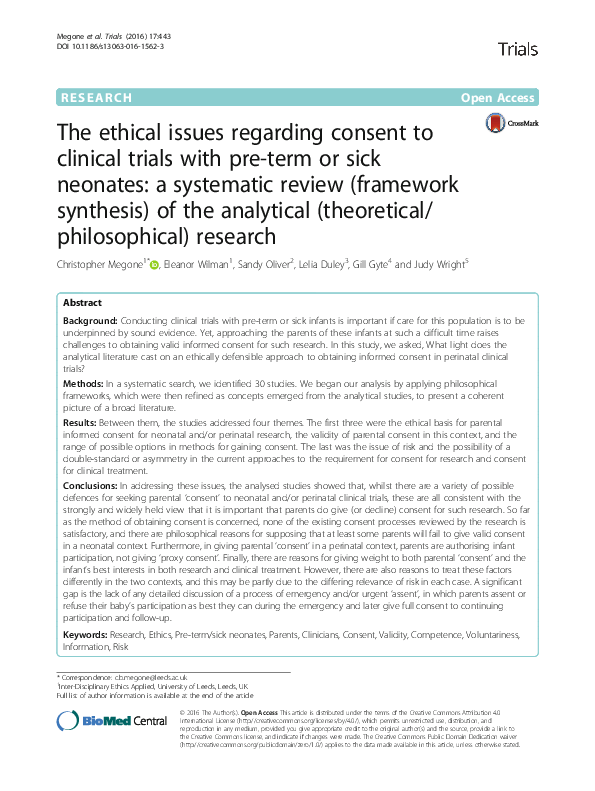 (PDF) The ethical issues regarding consent to clinical trials with pre ...