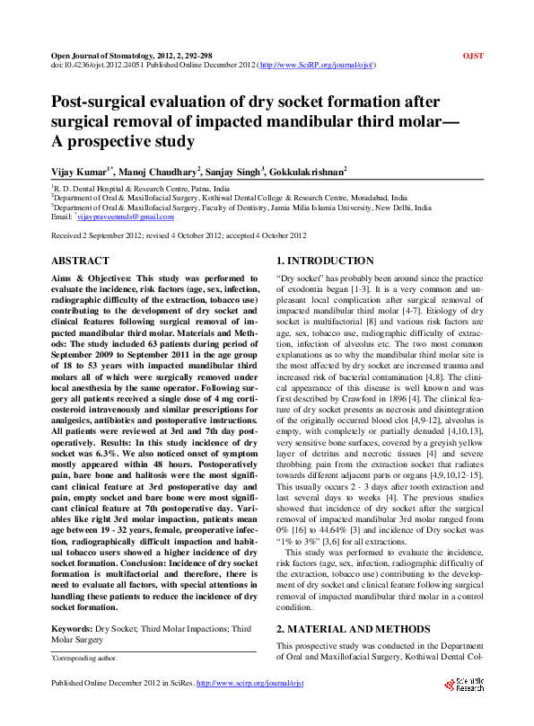 (PDF) Post-surgical evaluation of dry socket formation after surgical ...