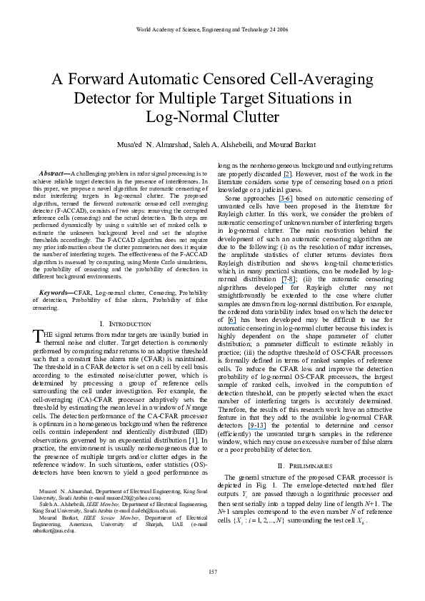 Pdf A Forward Automatic Censored Cell Averaging Detector For Multiple Target Situations In Log
