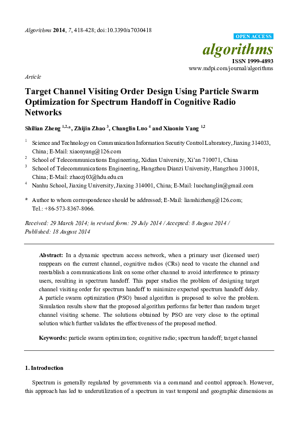 (PDF) Target Channel Visiting Order Design Using Particle Swarm Optimization for Spectrum ...