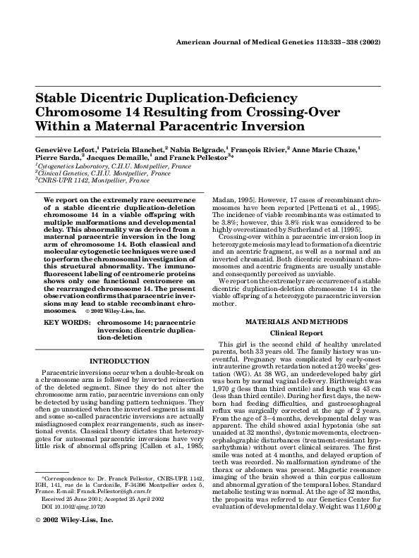 (PDF) Stable dicentric duplication-deficiency chromosome 14 resulting ...