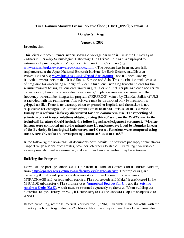 (PDF) Time-Domain Moment Tensor INVerse Code (TDMT_INVC) Version 1.1