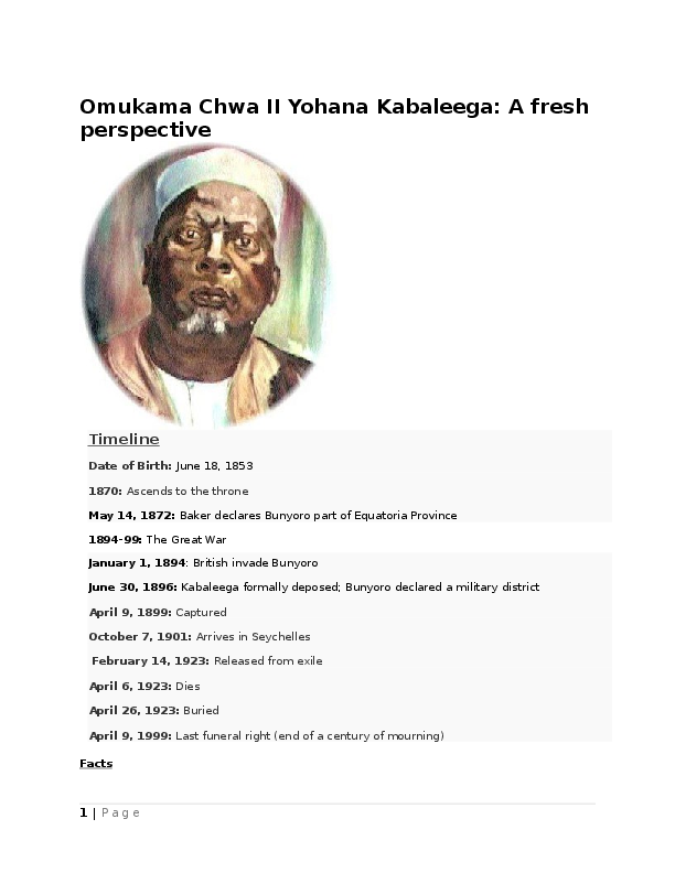 (DOC) Omukama Chwa II Yohana Kabaleega: A fresh perspective Timeline