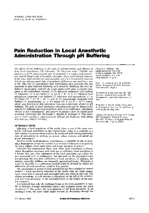 (PDF) Pain Reduction in Local Anesthetic Administration Through pH Buffering