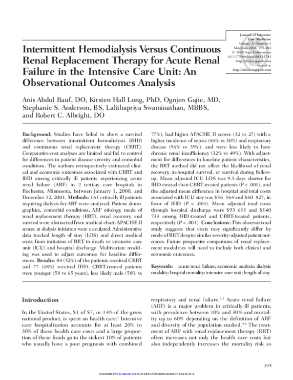 (PDF) Intermittent Hemodialysis Versus Continuous Renal Replacement ...