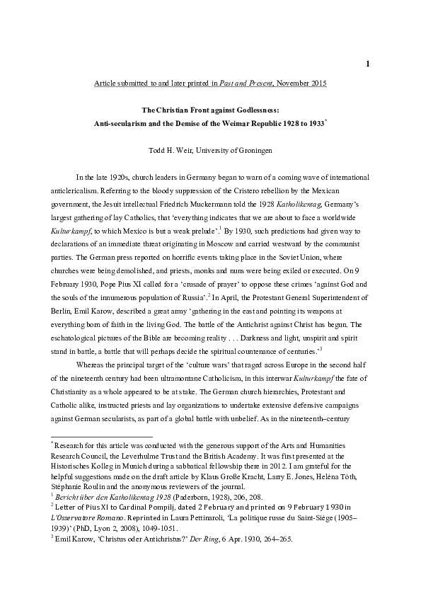 (PDF) "The Christian Front against Godlessness: Anti-secularism and the ...