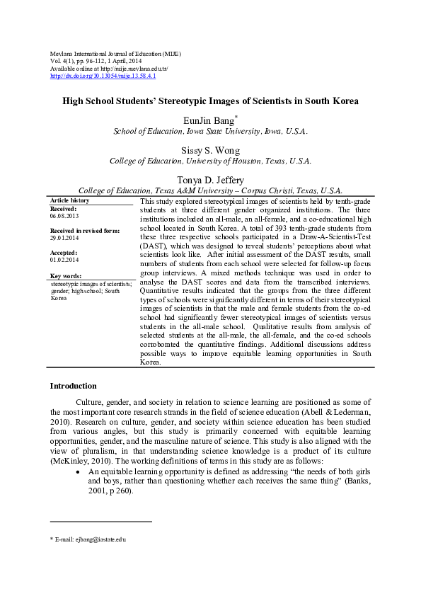 (PDF) High School Students’ Stereotypic Images of Scientists in South Korea