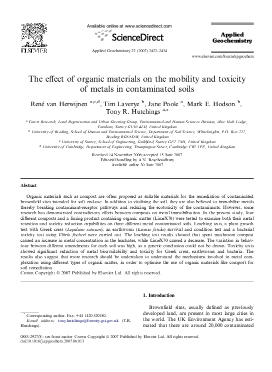(PDF) The effect of organic materials on the mobility and toxicity of ...