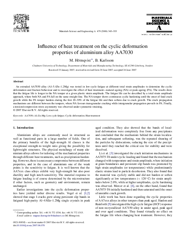Pdf Influence Of Heat Treatment On The Cyclic Deformation Properties Of Aluminium Alloy Aa7030