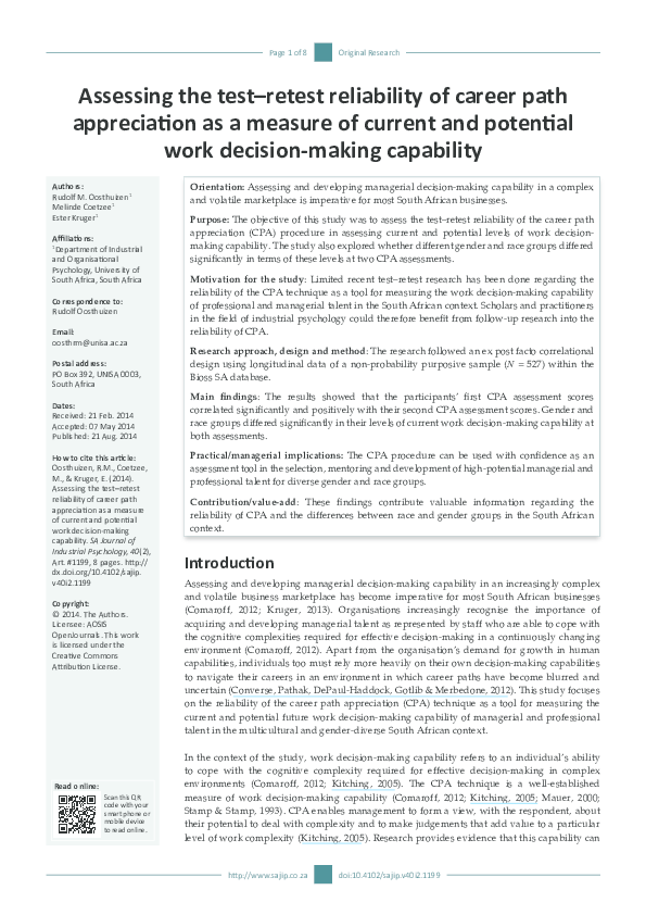 (PDF) Assessing the test–retest reliability of career path appreciation ...