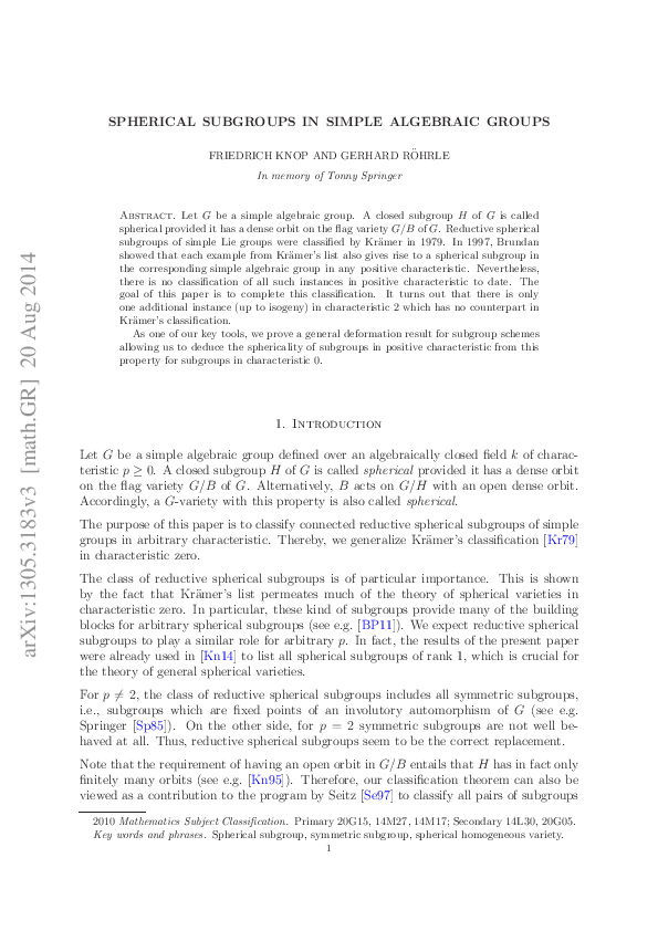 (PDF) Spherical subgroups in simple algebraic groups