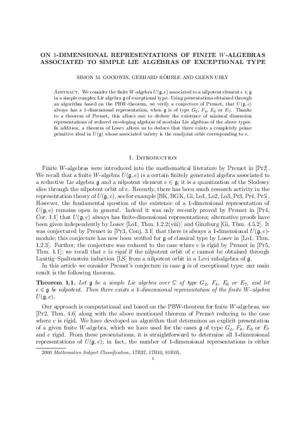 (PDF) On 1-dimensional representations of finite W-algebras associated to simple Lie algebras of ...
