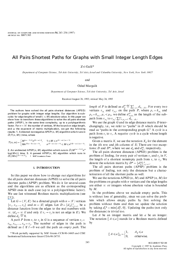 Pdf All Pairs Shortest Paths For Graphs With Small Integer Length Edges