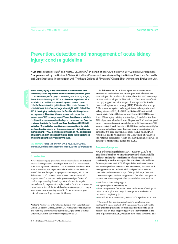 (PDF) Prevention, detection and management of acute kidney injury: concise guideline