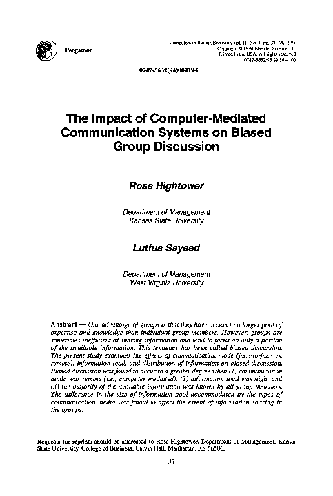 (PDF) The impact of computer-mediated communication systems on biased group discussion