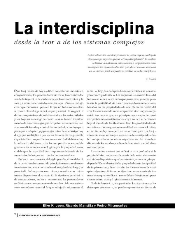 (PDF) La Interdisciplina desde la Teoría de los Sistemas Complejos