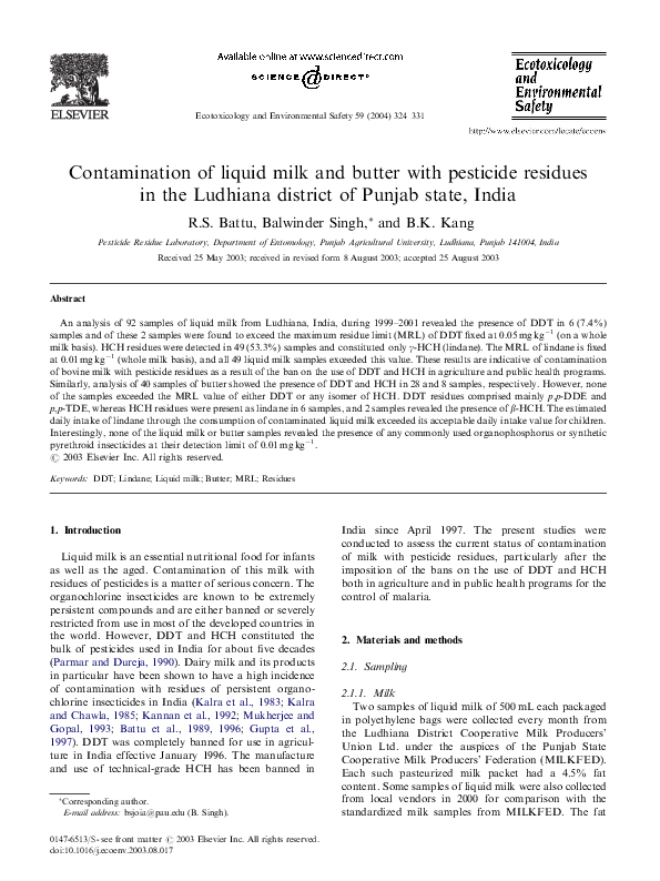 (PDF) Status of insecticide contamination of soil and water in Haryana ...