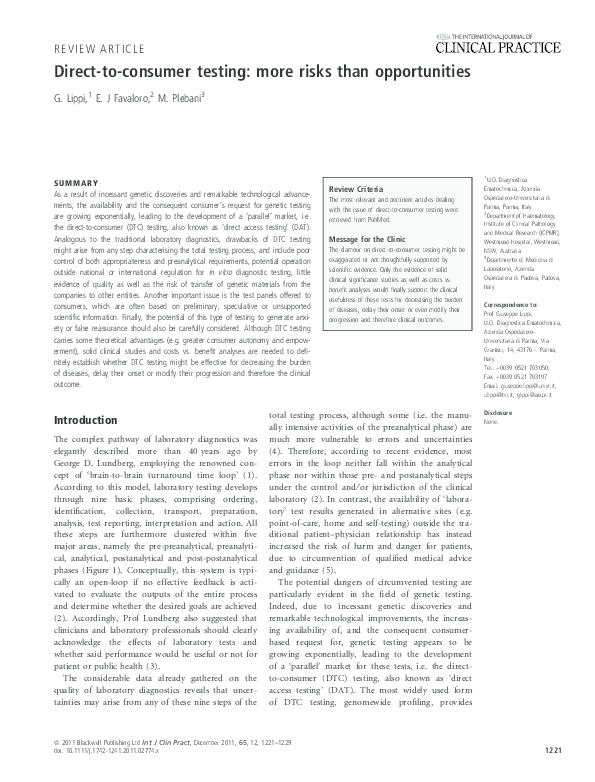 (PDF) Direct-to-consumer testing: more risks than opportunities