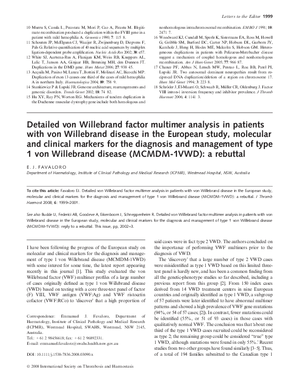 (PDF) Revisiting VWD Type 1 Diagnosis and Testing