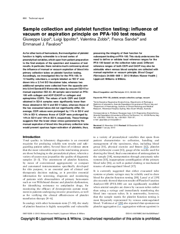 (PDF) Sample collection and platelet function testing