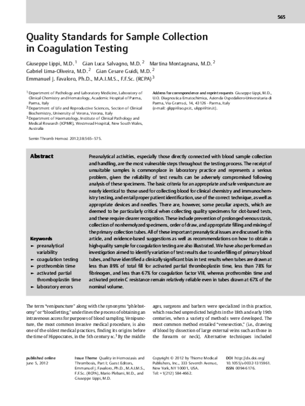 (PDF) Quality Standards for Sample Collection in Coagulation Testing