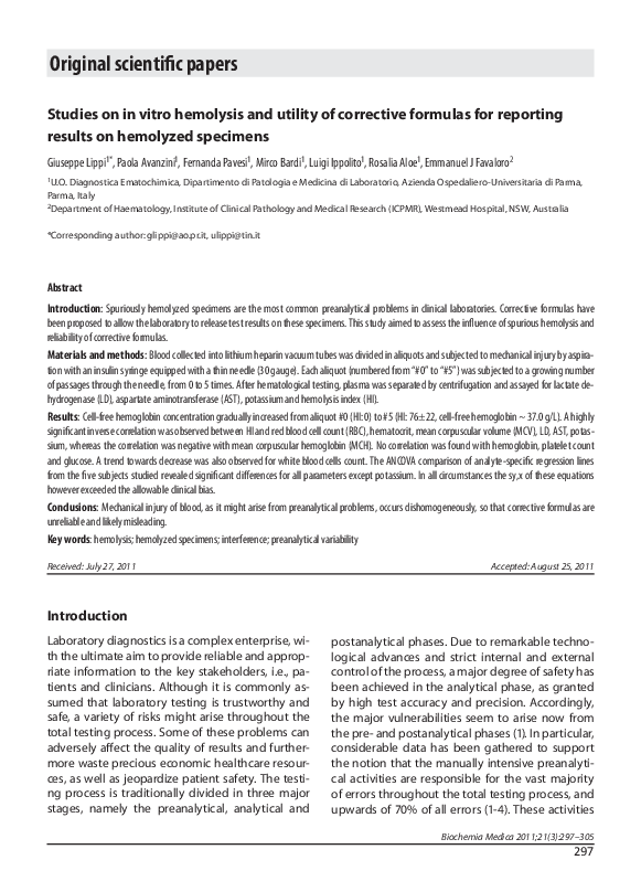 (PDF) Studies on in vitro hemolysis and utility of corrective formulas ...