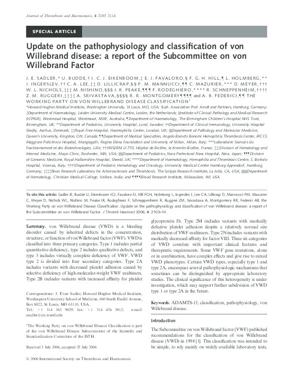 (PDF) Update on the pathophysiology and classification of von Willebrand disease: a report of ...