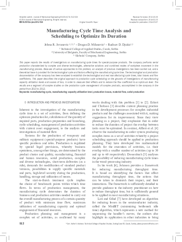 (PDF) Manufacturing Cycle Time Analysis and scheduling to optimize its ...