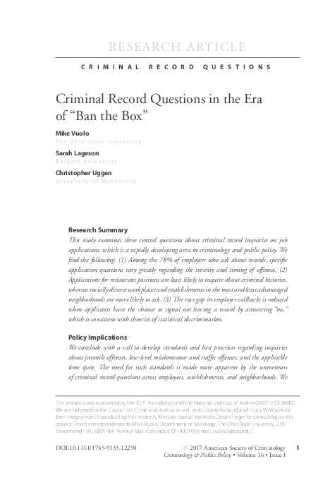 (PDF) Criminal Record Questions and Employment Practices