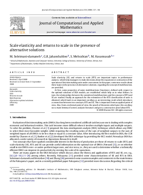 (PDF) Scale elasticity and returns to scale in the presence of alternative solutions