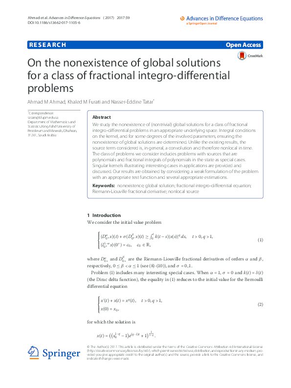 (PDF) On the nonexistence of global solutions for a class of fractional integro-differential ...