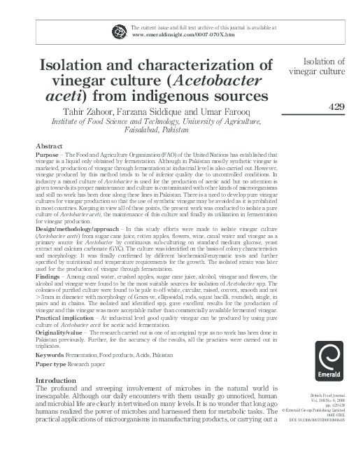 Pdf Isolation And Characterization Of Vinegar Culture Acetobacter