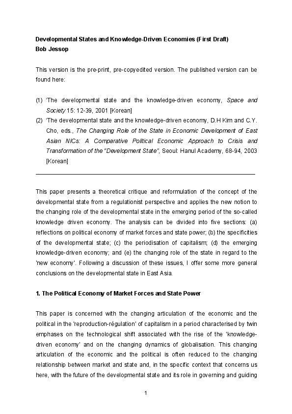 (PDF) Developmental states and knowledge-driven economies