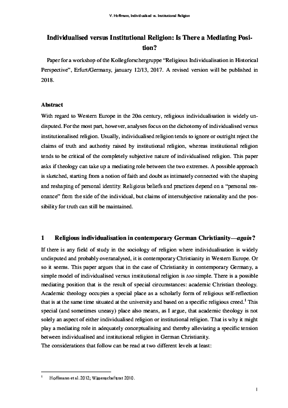 (PDF) Individualised versus Institutional Religion: Is There a ...